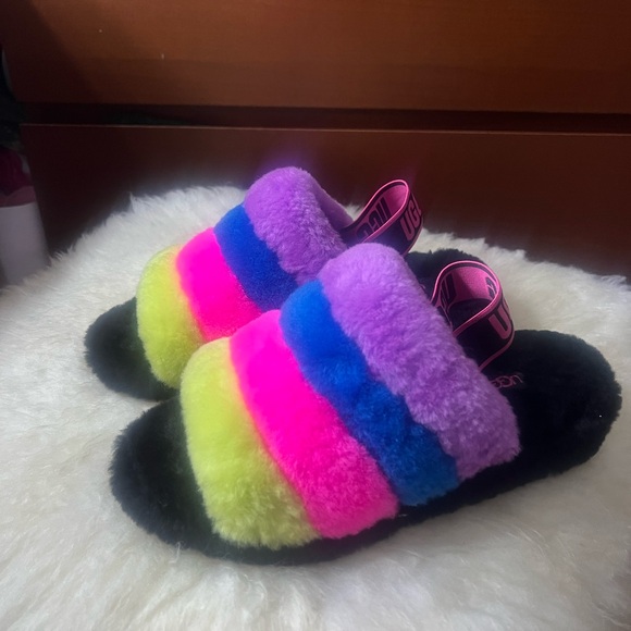 UGG | Shoes | Ugg Colorful Fluffy Slide Slippers New Sixe 7 | Poshmark